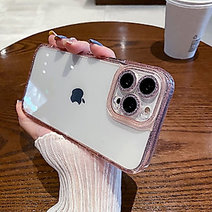Eiyikof for iPhone 14 Pro Max Case with Bling Camera Lens Protector Cover Cute Sparkly Diamond Slim Clear Back & Glitter Bumper Silicone Shockproof Protective Case for Girls Women-Pink