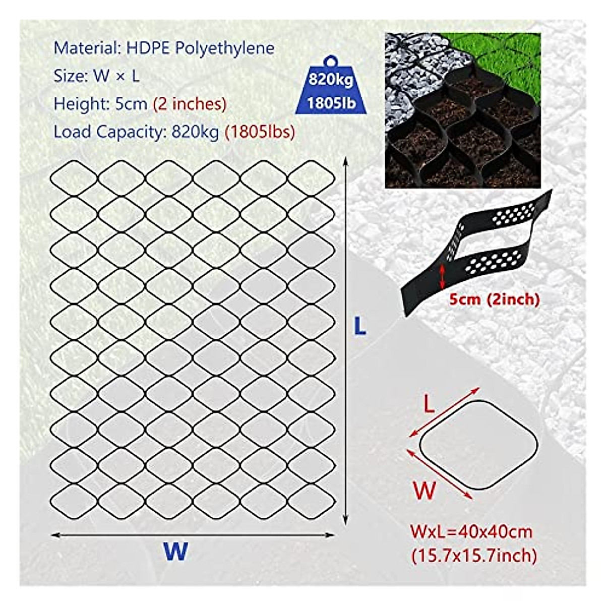 ZHOUHONG Geo Grid Ground Grid, Geo Cell Grid 2 Inch Thick, Gravel Grid HDPE Material, Ground Stabilization Grid 1885 LBS Per Sq, Tensile Strength Gravel Ground Grid for Slope Driveways, Garden