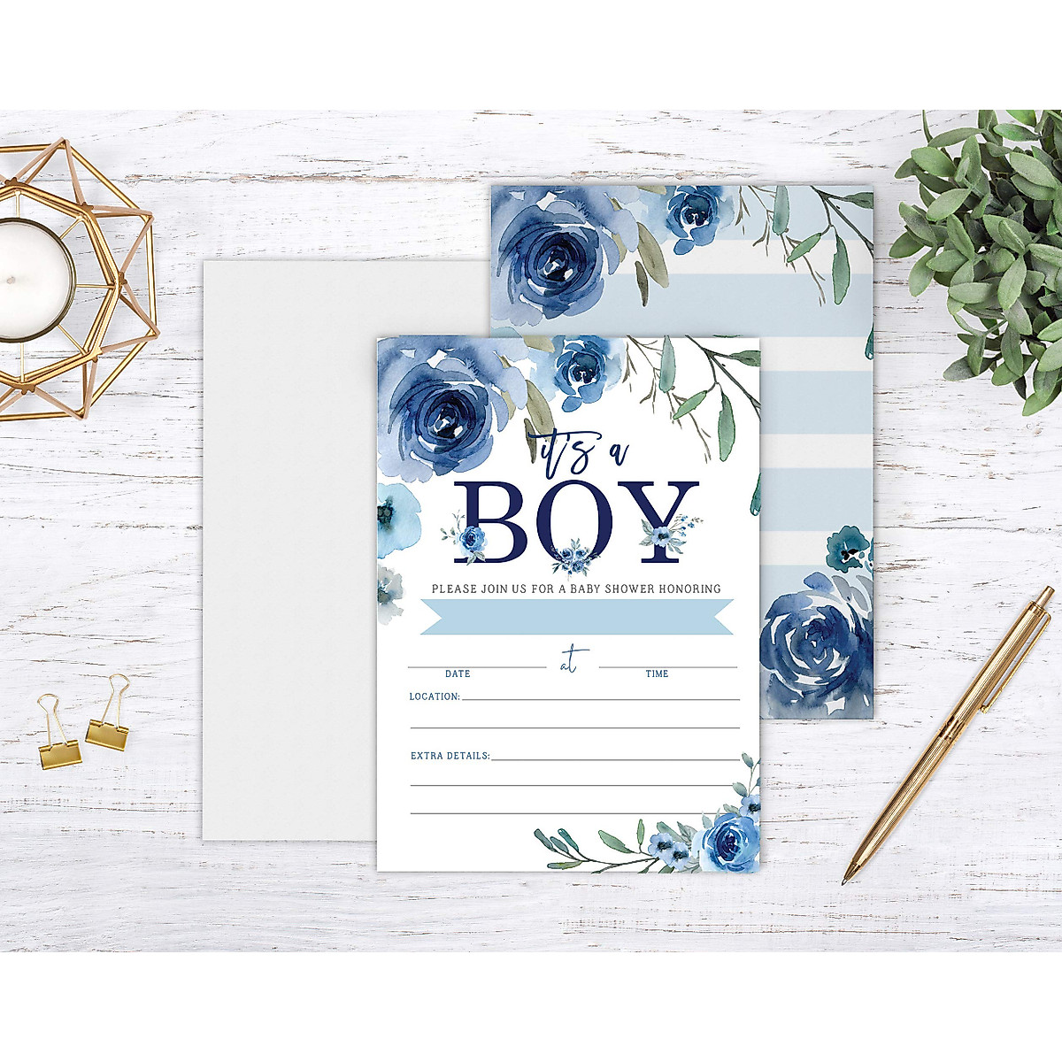 Boy Baby Shower Invitations with Book Request and Diaper Raffle Card, Blue Baby Sprinkle, 20 Fill in Invites