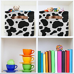 Wusikd Cow Skin Storage Basket Set of 2 Large Fabric Black and White Storage Basket Bins Box Cube with Handles Collapsible Closet Shelf Clothes Organizer Basket for Nursery Bedroom