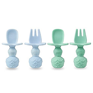 PandaEar 4 Pack Silicone Baby Spoons and Fork Feeding Set- Anti-Choke First Self Feeding Utensils for Baby Led Weaning Ages 3 Months (Cyan+Blue)