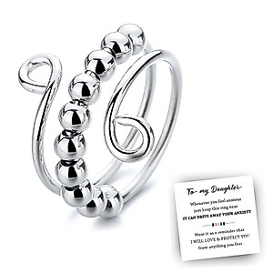 To My Daughter Fidget Rings ，Drive Away Your Anxiety Circle Beads Spinner Ring Adjustable Open Double Layer Ring Jewelry Gift for Mother Daughter (Silver)