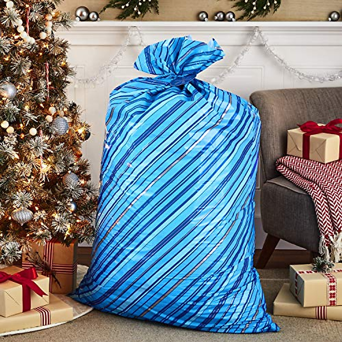 Hallmark 56" Jumbo XL Holiday Plastic Gift Bag (Blue Stripes with Gift Tag) for Hanukkah, Christmas, Father's Day, Birthday, Graduations, Baby Showers