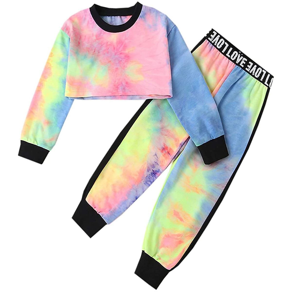 Girls Cropped Sweatsuit Pants Outfit Set, Tie-Dye Pullover Crop Sweatshirt + Sweat Jogging Pants 2 Pieces Clothes Set, Multicolored, 11-12 Years