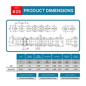 PGN #35 Roller Chain - 3 Feet + Free Connecting Link - Carbon Steel Chains for Bycicles, Mini Bikes, Motorcycles, Go-Karts, Home and Industrial Machinery - 95 Links