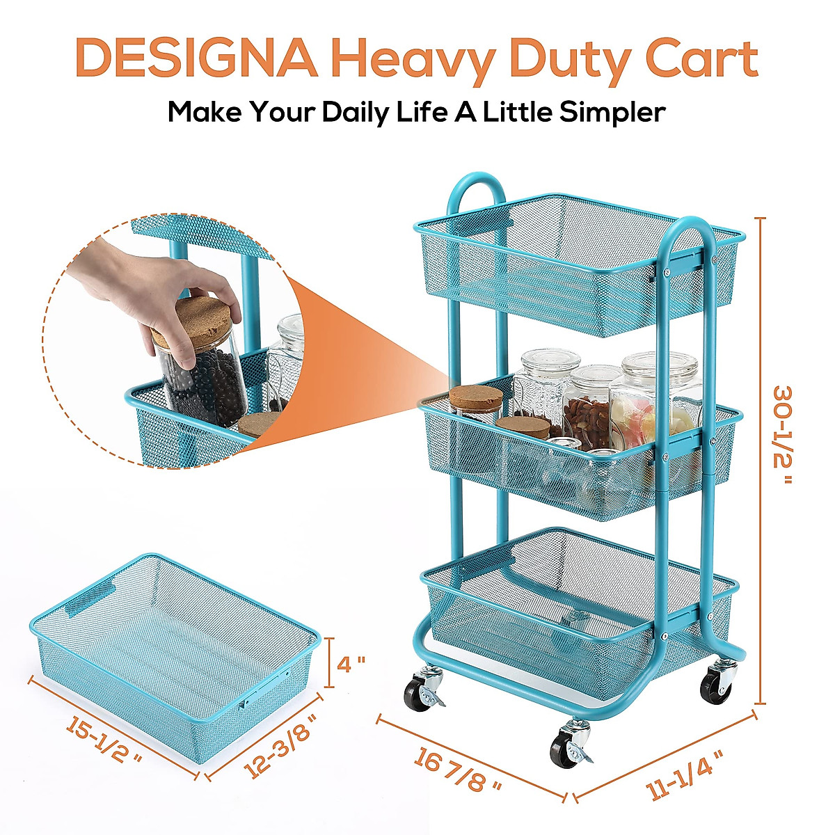 DESIGNA Metal Utility Cart, 3 Tier Mesh Rolling Storage Cart with Handle and Lockable Wheels,Easy Assembly Craft Carts for Kitchen,Bathroom,Office,Turquoise