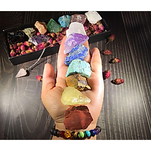 Chakra Therapy Starter Collection 17 pcs Healing Crystals kit, 7 Raw Chakra Stones,7 Colorful Gemstones, Amethyst,Rose Quartz Pendulum,Chakra Lava Bracelet,Dry Roses,Guide,COA,Gift Ready