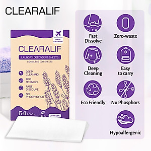 CLEARALIF Laundry Detergent Sheets, Lavender, 64 Load, CLEARALIF Laundry Detergent Strips Eco Friendly & Hypoallergenic