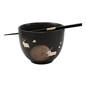 Ebros Pack Of 2 Ceramic Flying White Moon Rabbit Hare Ramen Udong Noodles Black Bowls and Chopsticks For Asian Dining Soup Rice Pasta Salad Collection of Bowl Decor Home Kitchen