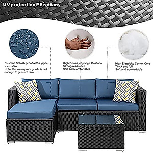 Walsunny Patio Furniture Set 3 Piece Outdoor Sectional Patio Sofa, All Weather Wicker Rattan Outdoor Furniture with Glass Table and Cushions(Aegean Blue)