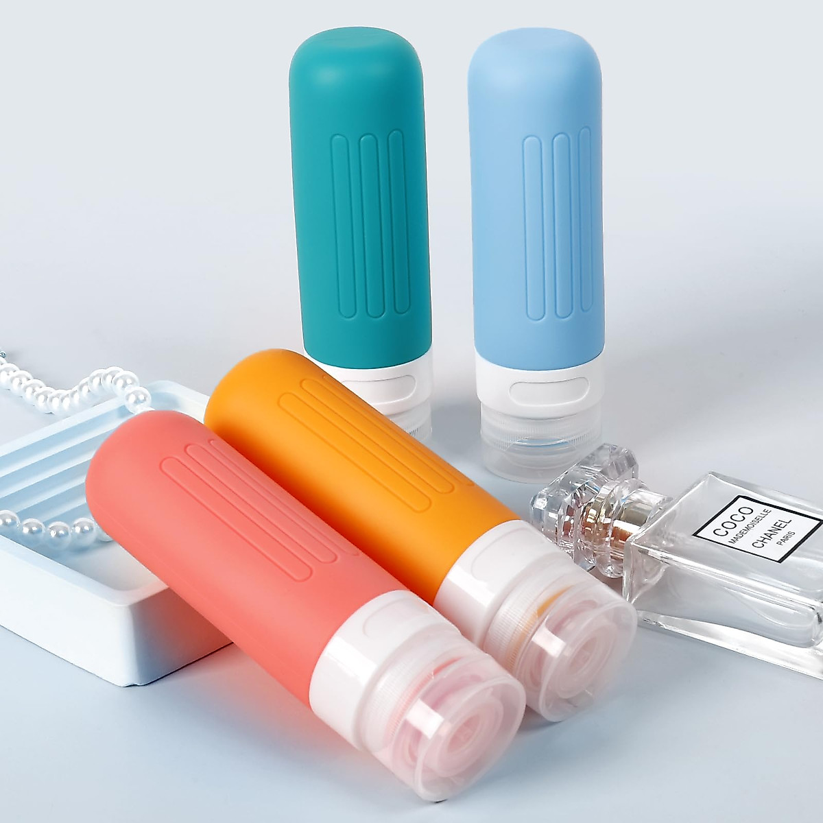 Meartchy 4 Pack Travel Bottles for Toiletries, 3oz Leak Proof Silicone Travel Size Toiletries Bottles, BPA Free Squeezable Travel Size Containers, TSA Approved Travel Essentials (Multicolor)