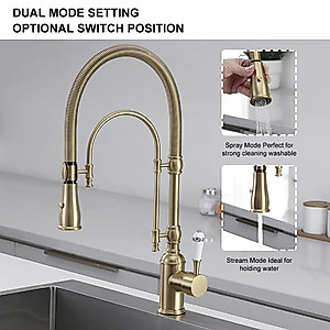 KunMai Kitchen Faucets Brushed Gold Kitchen Sink Faucet with Pull Down Sprayer High Arc Dual-Mode Kitchen Faucet