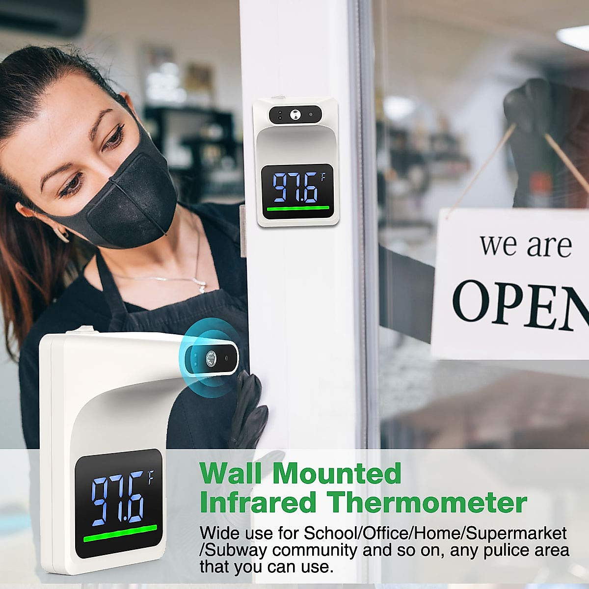 GEKKA Wall Mounted Infrared Forehead Thermometer for Adults, Non Contact Digital Wall Thermometer with LCD Display Fever Alarm Accurate Instant Reading for Offices, Schools, Factories