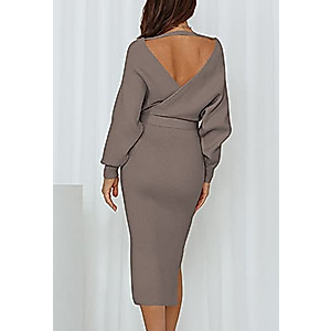 Pink Queen Womens V Neck Sweater Wrap Dresses Batwing Sleeve Sexy Backless Bodycon Slit Maxi Knit Dress with Belt Khaki L