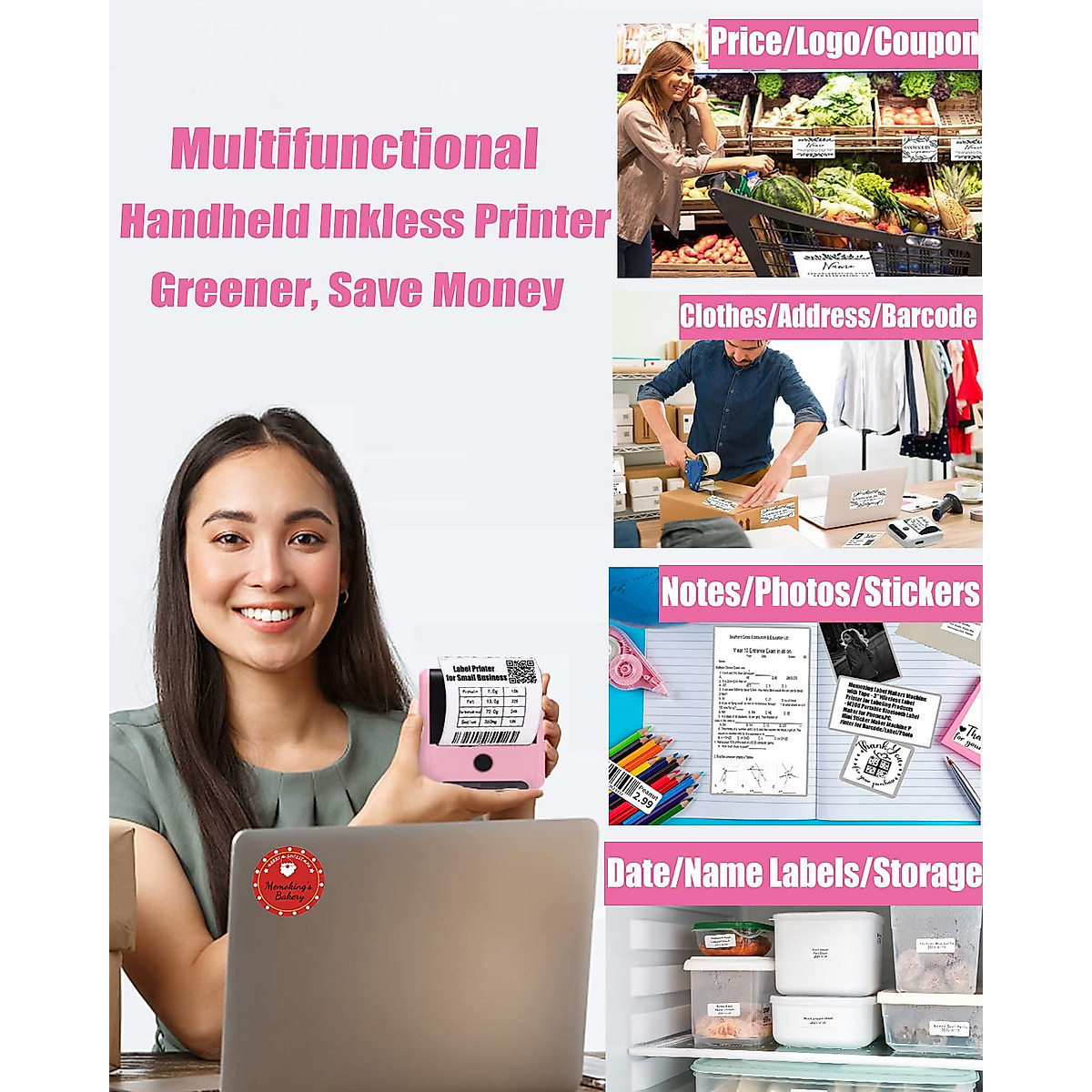 Memoking M200 Label Maker Set with 3 Rolls 1" x 2-5/8" Thermal Label, 3 Inch Barcode Label Printer, Sticker Maker Machine for Labeling, Mailing, Home, Office & Small Business, for Phones&PC-Pink