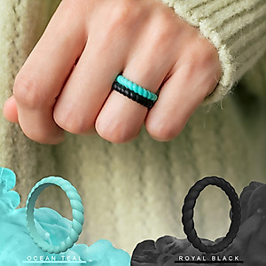 Saco Band Silicone Ring for Women - 3mm Width 2.5mm Thick (Black, Pearl Silver A, Teal B, Dark Blue H- Size 6.5-7 (17.35mm))
