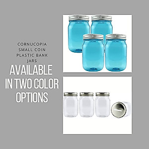 Cornucopia Brands Small Coin Bank Jars (4-Pack, Clear); 16oz Clear Plastic Mason Jar Coin Banks w/Gold Slotted Lids