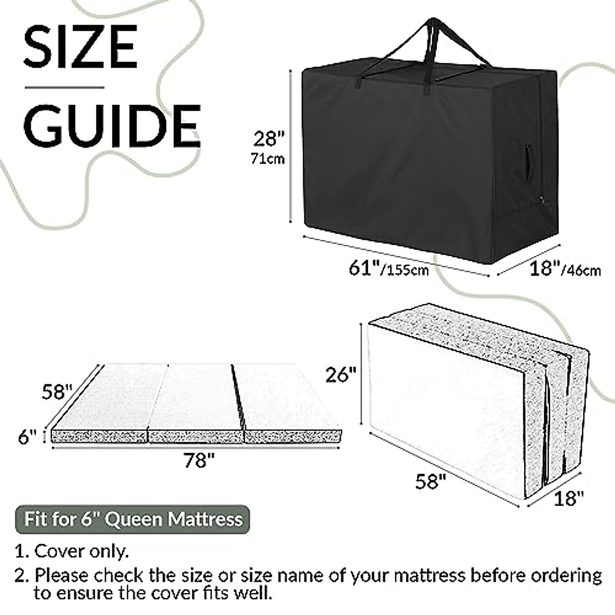 Joymo Folding Mattress Storage Bag for 6" Queen, Waterproof Foldable Mattress Cover for Moving, Heavy Duty Dustproof Floor Mattress Carry Case (28"x61"x18")