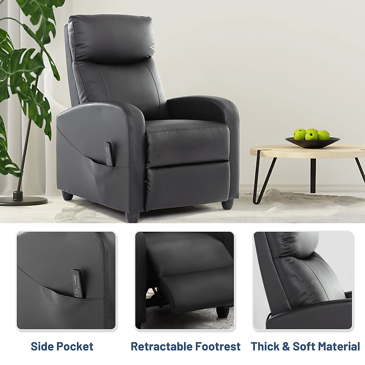 FONTOI Living Room Recliner Chair, Massage Single Sofa Adjustable Home Theater Seating with Thick Cushion and High Back Padded Backrest, 28.7D x 25.9W x 38.7H in, Black