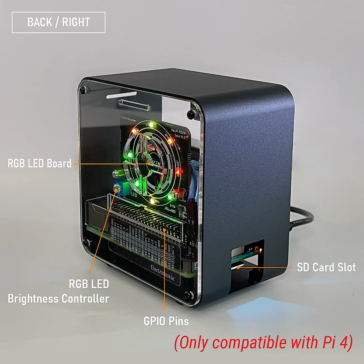 ElectroCookie Raspberry Pi 4 Case, Aluminum Mini Tower Case with Dual Power Cooler and Color Changing Ambient Light (Matte Black)