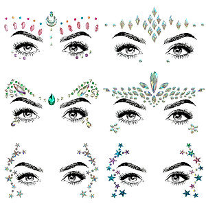 SHINEYES 6 Pcs Music Festival Face Jewels, Rhinestone Rave Face Gems Glitter,Crystal Birthday Party Festival Face Sticker, Eyes Face Body Temporary Tattoos for Festival Party