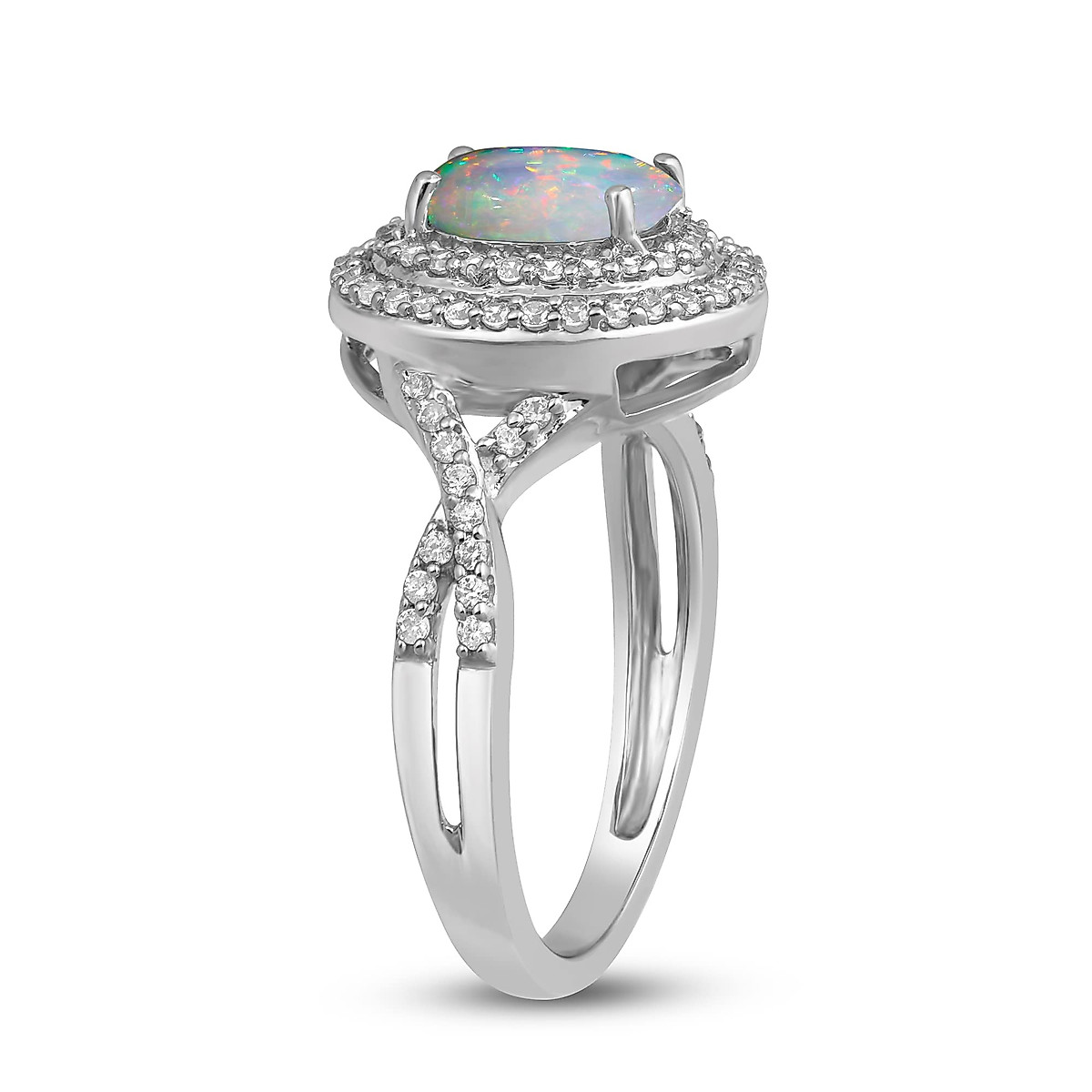 Jewelili Sterling Silver 8x6 MM Oval Cut Created Opal and Round Created White Sapphire Halo Engagement Ring, Size 7