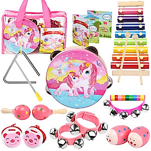 oathx Baby Musical Toys for Toddler Kids Musical Instruments Girls Toys 14 Pcs, 1st Birthday Girl Gifts with Wood Xylophone Tambourine Maracas Egg Shaker Pink