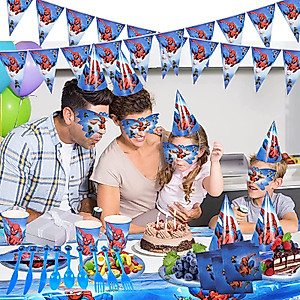 JinkySier 78pcs Spiderman Birthday Party Supplies Set, Spiderman tableware, Include dinner plates, knives and forks, cartoon spider napkin, for atmosphere decorations of various themed parties