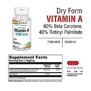 Solaray, Dry Form Vitamin A, 7,500 mcg, 60 VegCaps