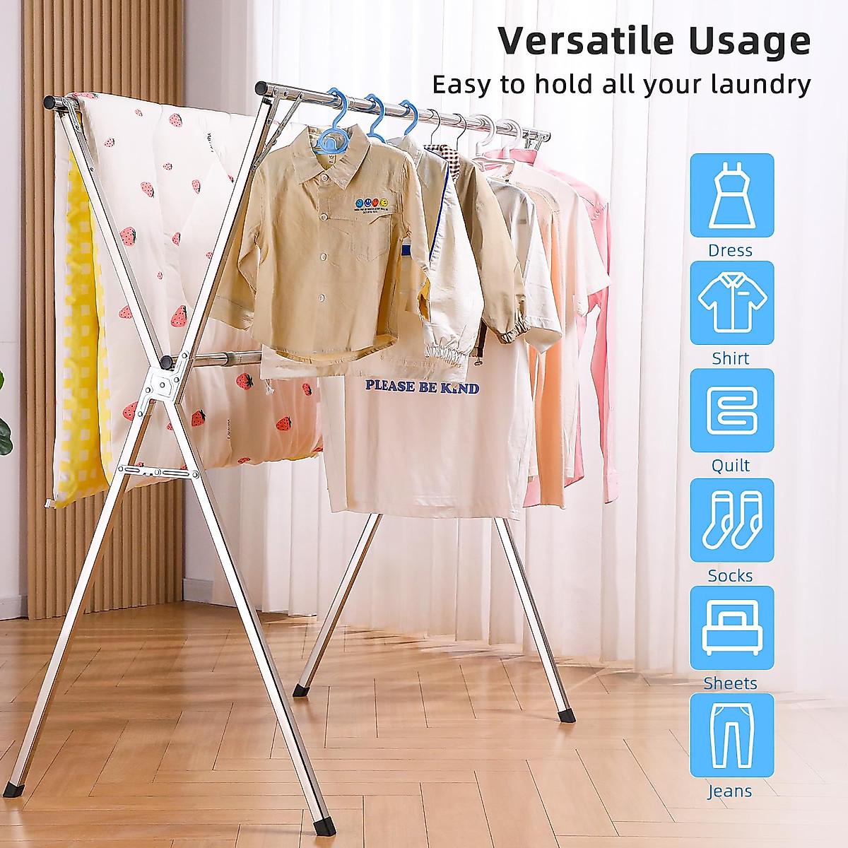 funest Clothes Drying Rack, 79 Inches Adjustable & Foldable Laundry Drying Rack, Heavy Duty Stainless Steel Drying Rack Clothing with 20 Hooks, 12 Clips, Suitable for Indoor, Outdoor and Balcony