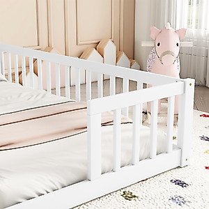ROCKINGRUN Double Twin Size Montessori Floor Bed with Safety Guardrails, Solid Pine Wood Floor Shared Bed Frame with Fence, for Twins, Girls, Boys, Child Bedroom, Kids Playroom (White)