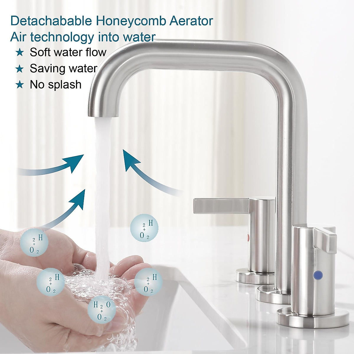 RKF Bathroom Faucets for Sink 3 Hole Brushed Nickel 8 inch Widespread Bathroom Sink Faucet with Drain Double Lever Handle Faucet Bathroom Vanity Faucet Basin Mixer Tap Faucet with Hose&Deck CWF028-BN