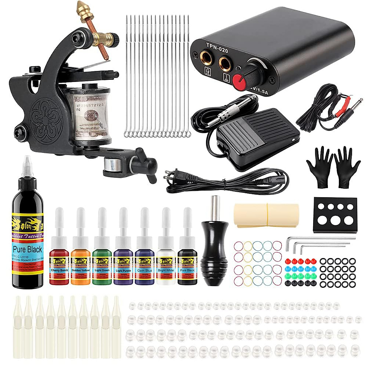 Solong Tattoo Complete Starter Tattoo kit 1 Pro Machine Guns 14 Inks Power Supply Foot Pedal Needles Grips Tips TK110