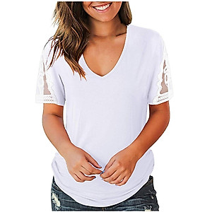 Sdeycui Women's Casual V Neck Solid Lace Tops Short Sleeve Summer T Shirts Blouses(White, S)