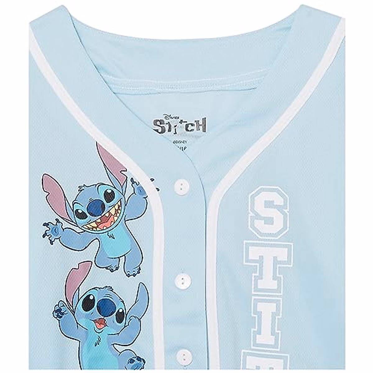 Disney Little Girls Lilo & Stitch and Angel Baseball Jersey-Classic Mesh Button Down Shirt, Light Blue/White