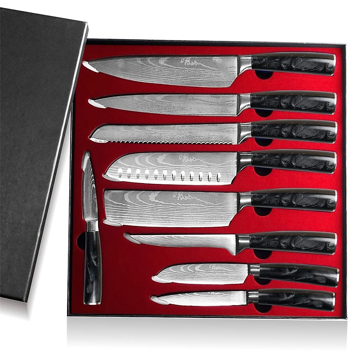 ROYAL SIGNET Kitchen knife sets, 3.5-8 inch set boxed knives 400 stainless steel ultra-sharp Japanese knives, damascu knife set, 10 tactical pieces knife set for chefs (Black Resin)