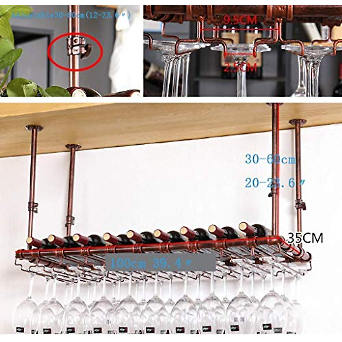 MiroDo Bar Unit Floating Shelves Ceiling Wine Racks, Bottle and Glass Holder, Hanging Stemware Glass Holder, Loft Vintage Wall Shelf Storage Rack Wall-Mounted, Industrial Ho