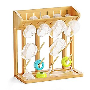 SpaceAid Bamboo Baby Bottle Drying Rack, Space Saving Kitchen Bottles Holder Organizer for Baby Bottle Rack Dryer Storage Accessories (Natural, 12 Bottles)
