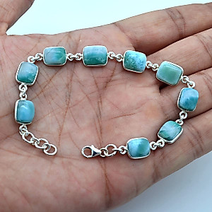 DESIGN HUB Blue Larimar Stone Bracelets 925 Silver Overlay For Women Girl Gifts - Gemstone Adjustable 7.5" Cushion Cabochon Link Bracelets Christmas Gifts For Her (Bracelet Style 2)