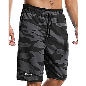 Aolesy Men's Basketball Zipper Pockets 10 inch Athletic Lightweight Mesh Gym Workout Running Shorts, Camoblack, Large