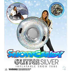 SnowCandy Inflatable Summer & Winter Outdoor Sleds, Tubes, & Floats. The Inflatable Toy Rated for The Beach or The Snow Slopes (Silver Glitter Large Snow Tube & Pool Beach Float)
