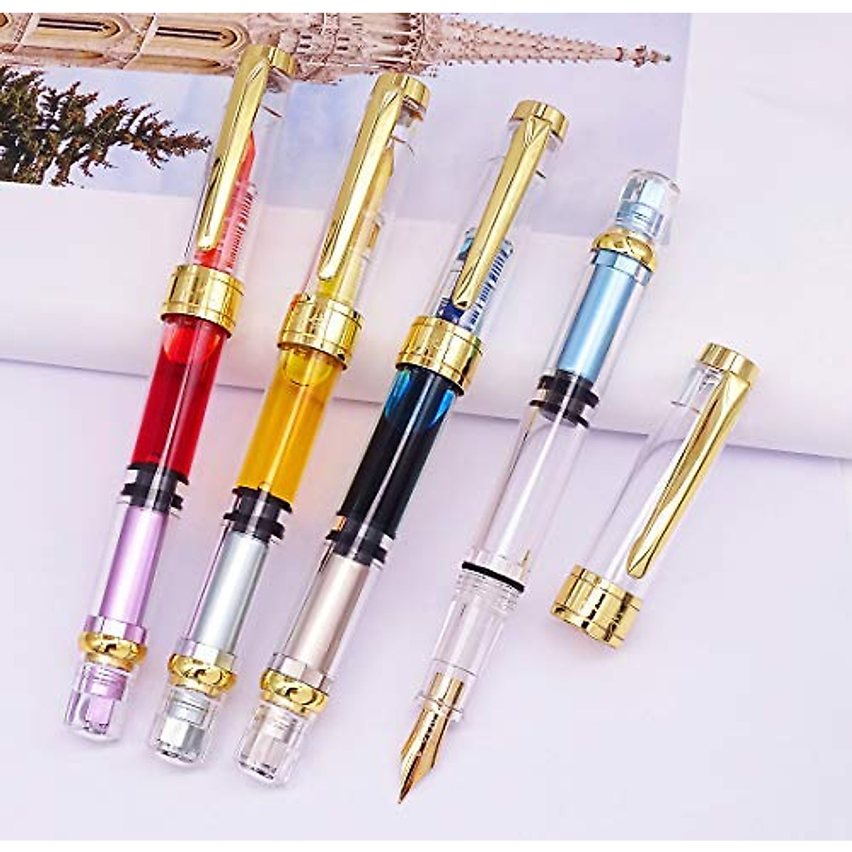 Asvine Piston Fountain Pen Yongsheng 3008A Gold Plated Fine Nib, Transparent Gold Trim 4 Colors Set