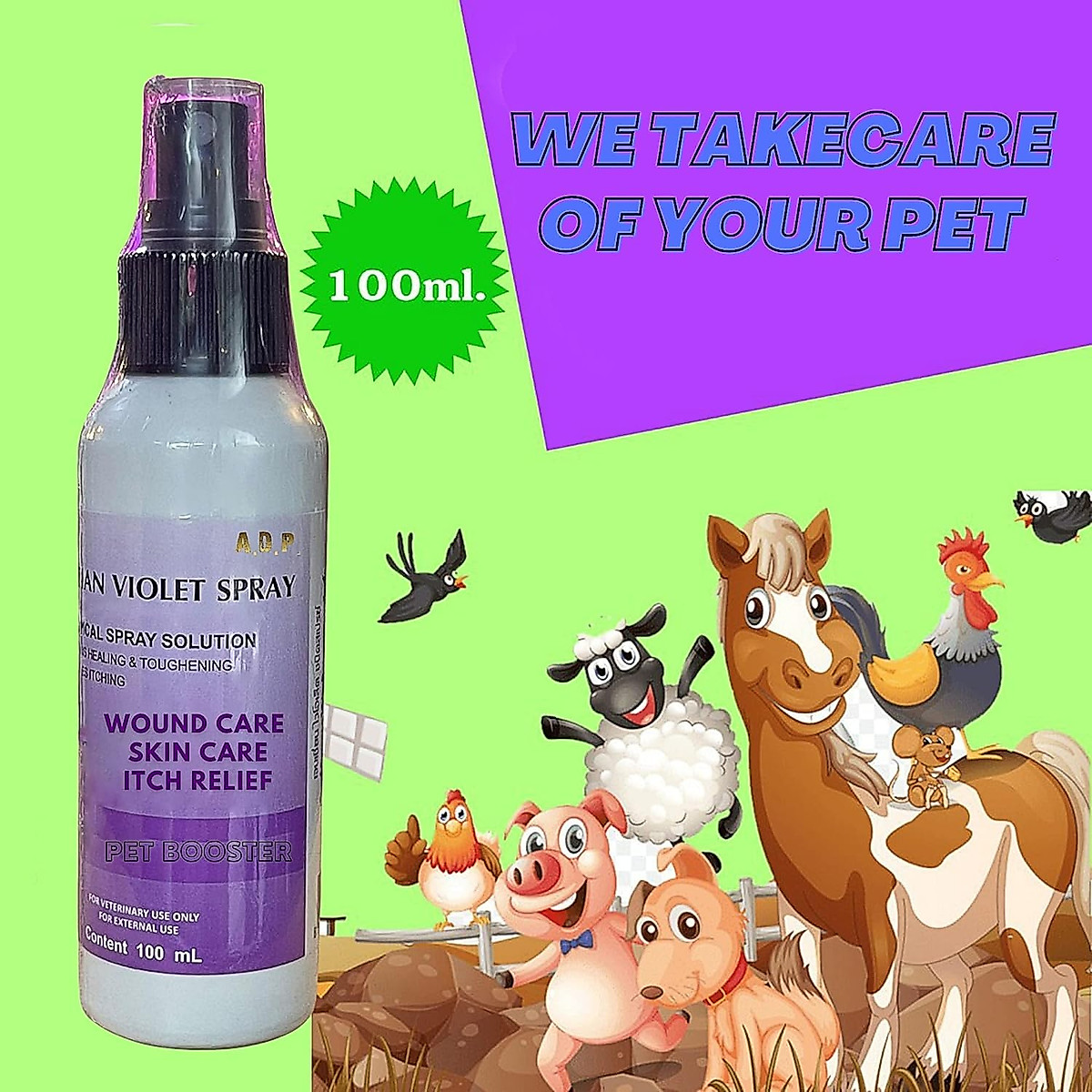 Gentian Violet Spray Solution 1% 100 ML. Pet Wound Care Skin Soother Healing Dog & Cats Skin Infections, Soreness and Irritation Relief, Relieves Dry Itchy Skin Allergies Clean Soothe & Heal