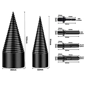 Firewood Log Splitter 45mm+32mm, 6PCS Wood Log Splitter Firewood Detachable Drill Bit Heavy Duty Electric Drills Screw Cone Driver Hex + Square + Round