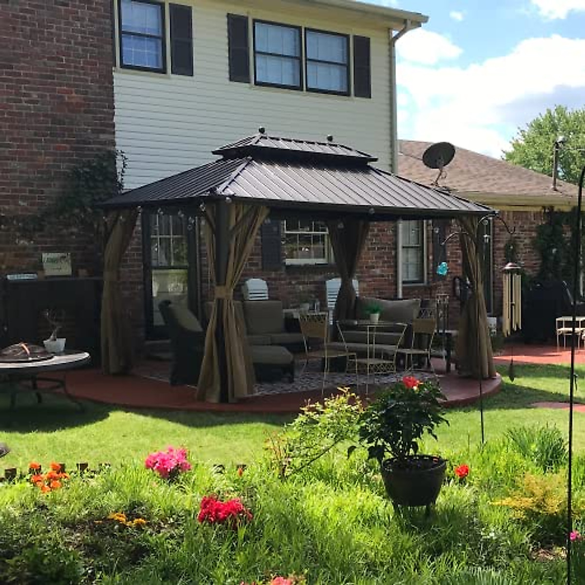 YOLENY 10'x13' Hardtop Gazebo with Galvanized Steel Double Roof, Pergolas Aluminum Frame, Netting and Curtains Included, Metal Outdoor Gazebos for Garden, Patios, Lawns, Parties