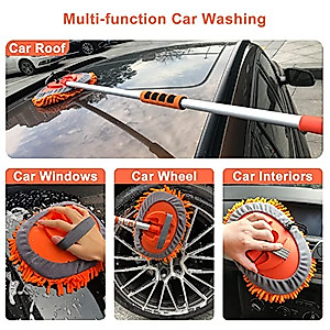 Buyplus Car Wash Brush Mop with 46" Aluminum Alloy Long Handle, 3-in-1 Chenille Microfiber Car Cleaning Kit Brush Duster, Not Hurt Paint Scratch Free Window Squeegee(Orange)