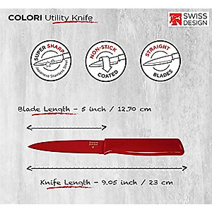Kuhn Rikon Colori Utility Knife with Safety Sheath, 5 inch/12.70 cm Blade, Red