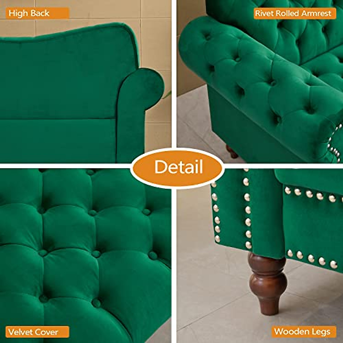 INSTORY Velvet Sofa Traditional Couch Tufted Loveseat with Wooden Legs for Living Room, Office, Bedroom - Green