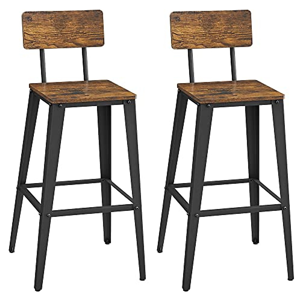 VASAGLE Set of 2 Bar Stools, Bar Height Stools, Tall Bar Stools with Back, Bar Chairs, Steel Frame, Industrial Style, Easy Assembly, Rustic Brown and Black ULBC078B01