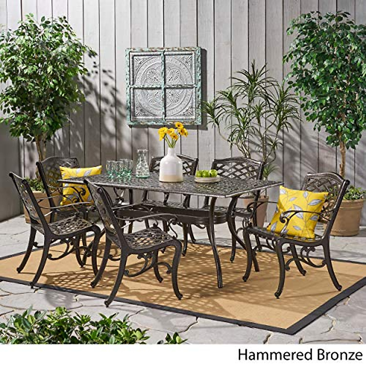 Christopher Knight Home Hallandale Outdoor Sarasota Cast Aluminum Rectangular Dining Set, 7-Pcs Set, Hammered Bronze